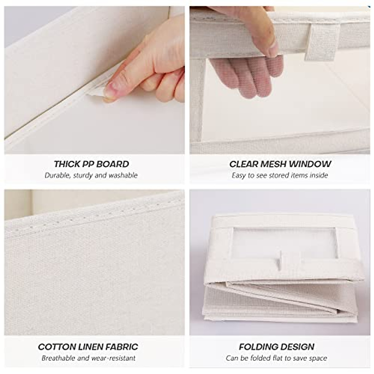 LaMorée Fabric Storage Bin Box Rectangular Cotton Linen Storage Basket Cube with Thick PP Board Clear Mesh Window Foldable Decorative Nursery Home Office Organizer Container – Beige, Small