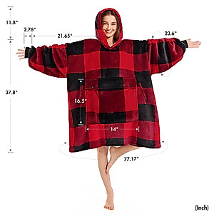 Blanket Hoodie Women & Men,Premium Sherpa Fleece Oversized Hoodie Blanket with Giant Pocket for Women,Super Cozy and Big Wearable Blanket Hoodie Gift Red Plaid