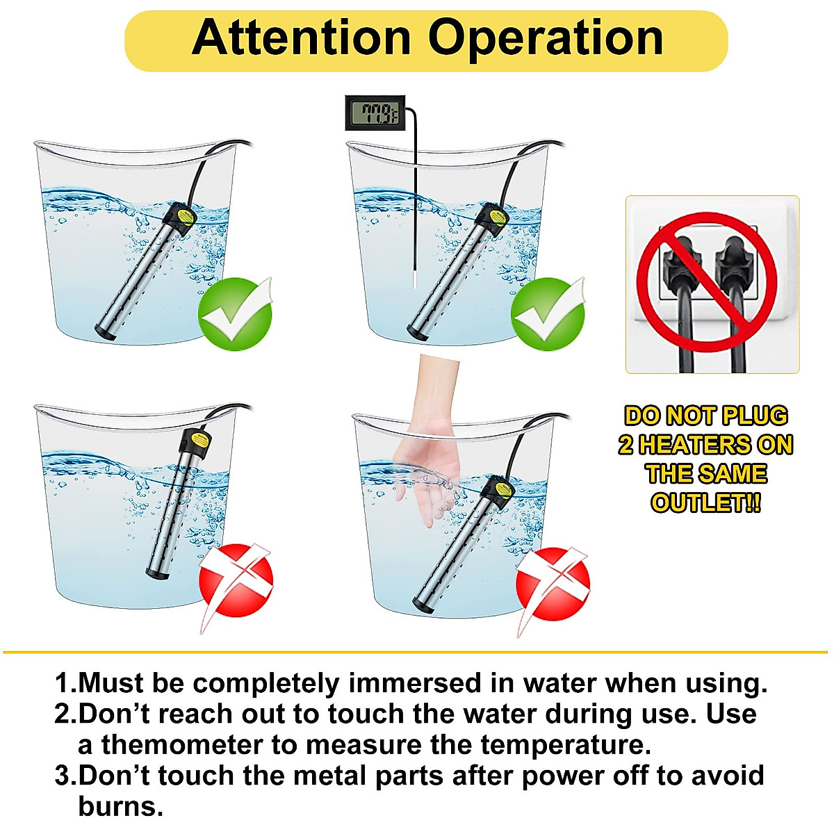 2 Pcs Immersion Water Heater Portable Electric Heater Submersible Hot Tub Heater with 304 SS Guard for Above Ground Pool Bathtub Plastic Bucket Basin Heat 5 Gallon Water in Minutes(Black, 1500W)