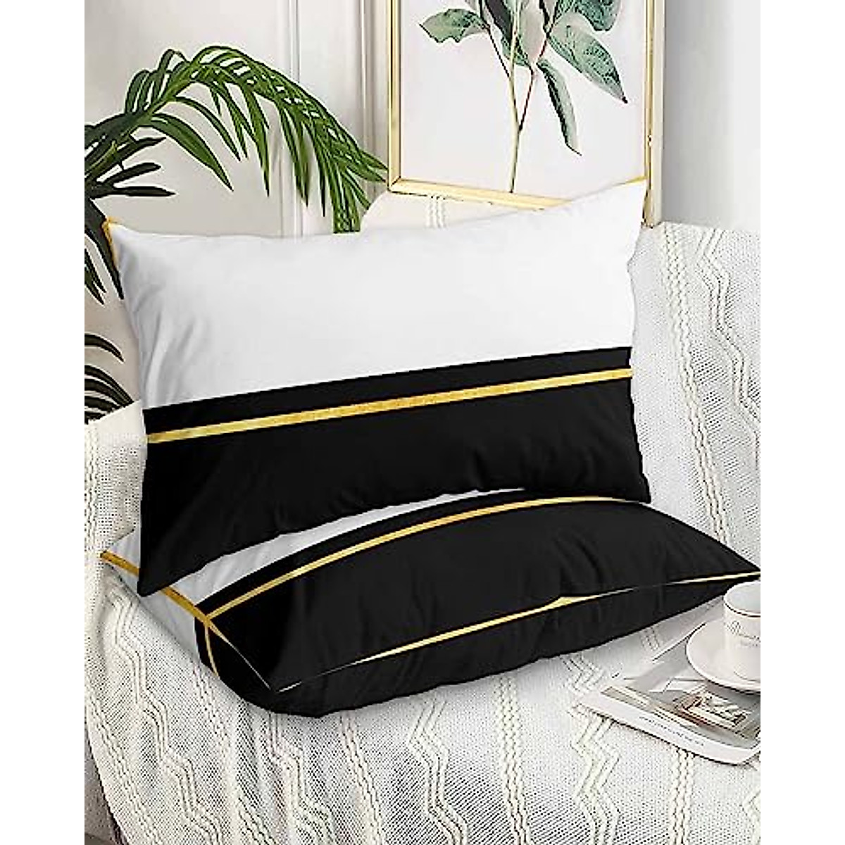 Edwiinsa Black White Pillow Covers King Standard Set of 2 20x36 Bed Pillow, Luxury Yellow Lace Modern Abstract Art Aesthetics Plush Soft Comfort for Hair/Skin Cooling Pillowcases with Envelop Closure