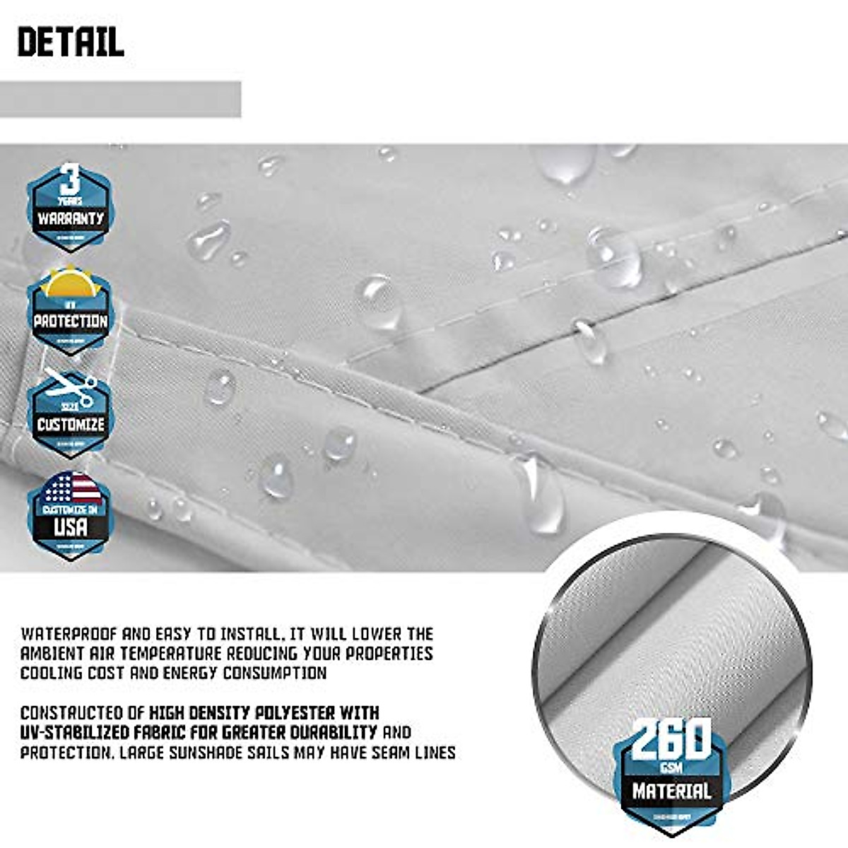 TANG Sun Shades Depot 10' x 10' Square Waterproof Knitted Shade Sail Curved Edge Light Gray/Light Grey 260 GSM U*V Block Shade Fabric Pergola Carport Canopy Replacement Awning Customize Available