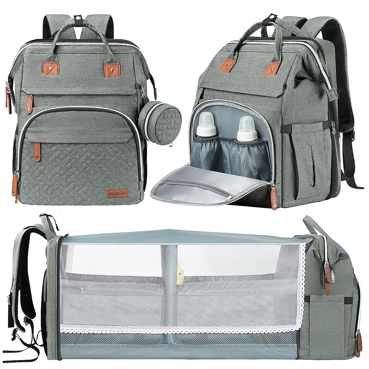 DERJUNSTAR Baby Diaper Bag Backpack with ChangingStation-Large Capacity Baby Bag for Boys & Girls, USBCharging Port, Pacifier Case, sunshade & Toy Bar,Waterproof， Ash Grey