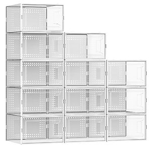 12 Pack XX Large Shoe Organizer Storage Boxes for Closet, Modular Space Saving Shoe Boxes Clear Plastic Stackable Sneaker Containers Display Case with Lids, White