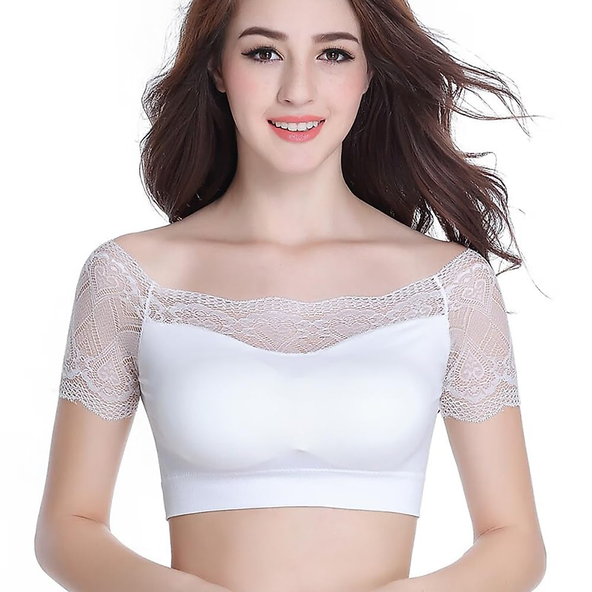 DRESHOW Lace Bralette Tank Tops Wireless Bra Lace Crop Top Padded Stretch Spaghetti Thin Strap Yoga Sports Bra for Women 92.5-165 Lbs