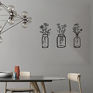 Set of 3 Metal Vase Flowers Wall Art Metal Flower Wall Art Wall Decor Hanging Iron Wall Sculptures Hanging for Home Bedroom Bathroom Kitchen Garden Outdoor and Indoor Housewarming Gift Large (Black)