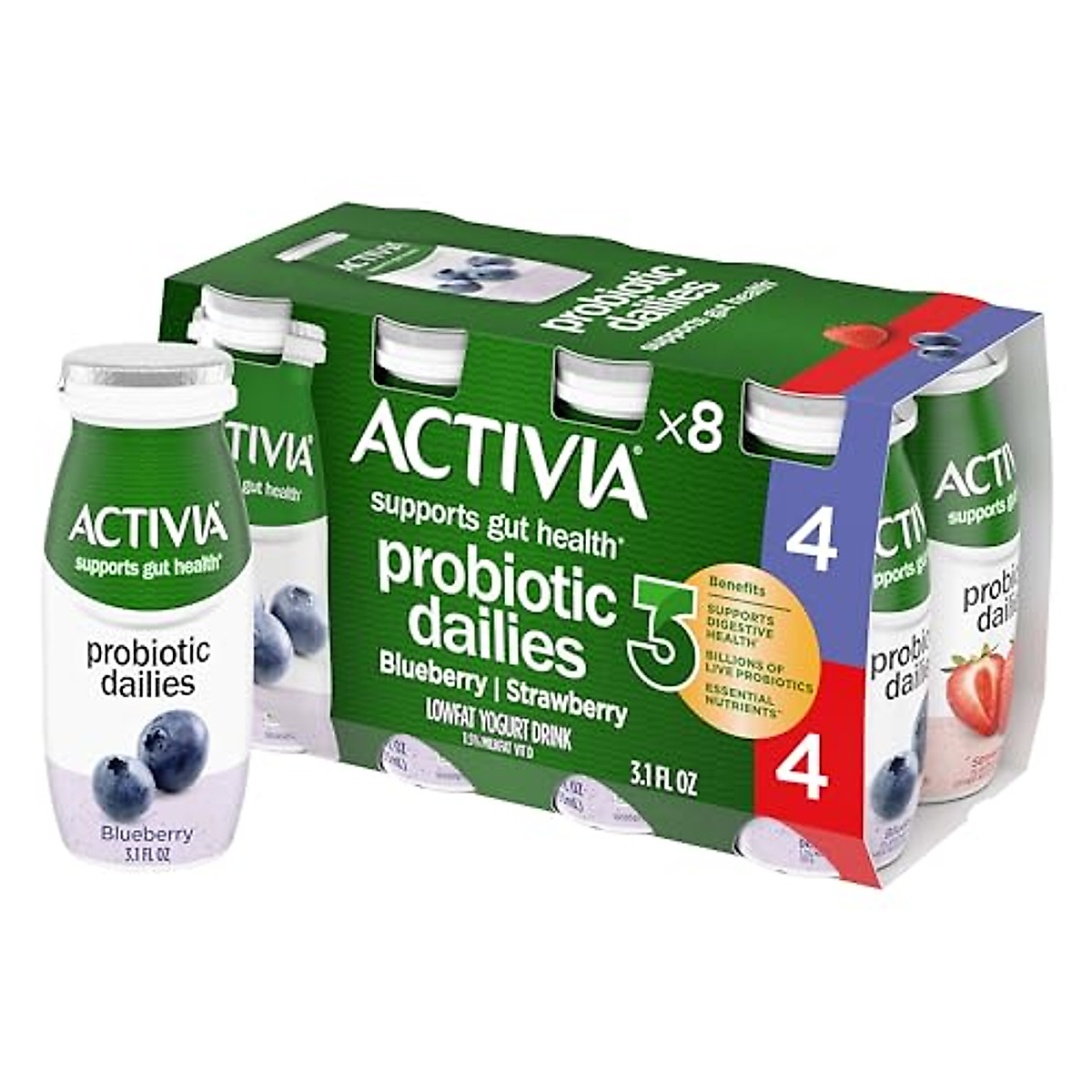 Activia Probiotic Dailies Strawberry and Blueberry Lowfat Yogurt Drinks, Delicious Daily Probiotic Yogurt Drinks to Help Support Gut Health, 8 Ct, 3.1 FL OZ