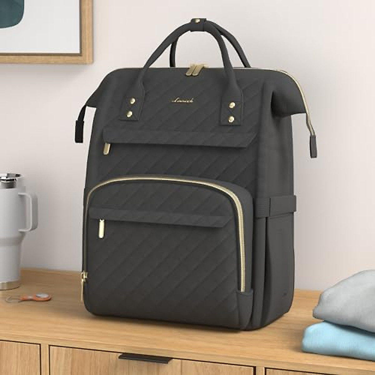 LOVEVOOK Laptop Backpack Women, Stylish Quilted Computer Backpack with USB Port for Work, Waterproof Backpack Purse fits 15.6 inch Laptop, Nurse Teacher Backpack Travel Bags, Lozenge-Black