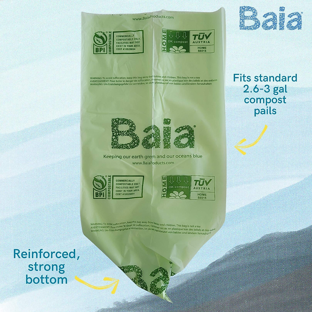 Baia Compostable Food Scrap Bags, ASTM D6400 BPI, 2.6-3 Gallon, Extra Thick 0.79 Mils, Small, Kitchen Waste Trash, Countertop Compost Bin Liners (100 Ct)