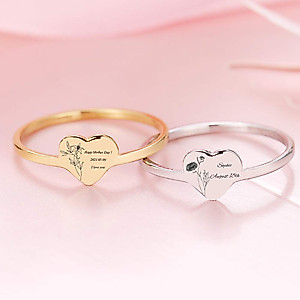 LONAGO Birth Flower Ring Personalized Name Heart Ring Custom Name Plate Stacking Ring Engrave Names Initial Ring for Women