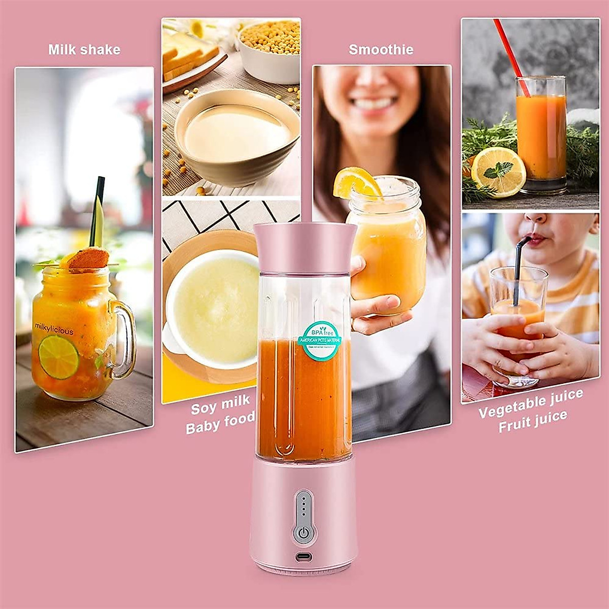 Smart Portable Blender - 17Oz Personal Blender for Smoothies and Shakes| 4000mAh Rechargeable USB Blender with 6 Blades| Blender for Sports ,Travel,Gym ,Fruit Juice Mixer, Home, Office, and Outdoors (Pink)