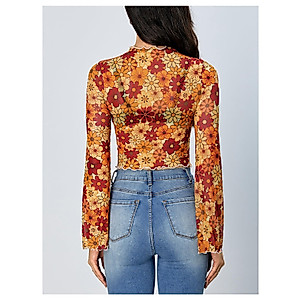 Verdusa Women's Bell Sleeve Lettuce Trim Mock Neck Floral Mesh Top Crop T Shirt Orange L