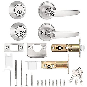 Probrico 2 Pack Door Handles Lever with Double Cylinder Deadbolts Combo, Keyed Alike Entry Door Knobs Handleset Lockset Leverset, Brushed Satin Nickel