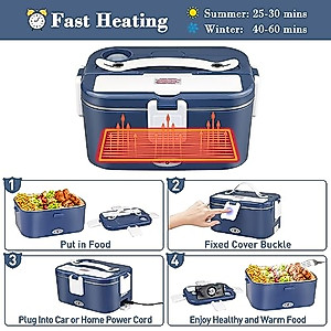 AosFero Electric Lunch Box Food Heater,80W 1.8L Large Portable Heated Lunch Boxes for Adults,12v/24v/110v Suitable for Car Truck & Office(Blue,Upgraded)