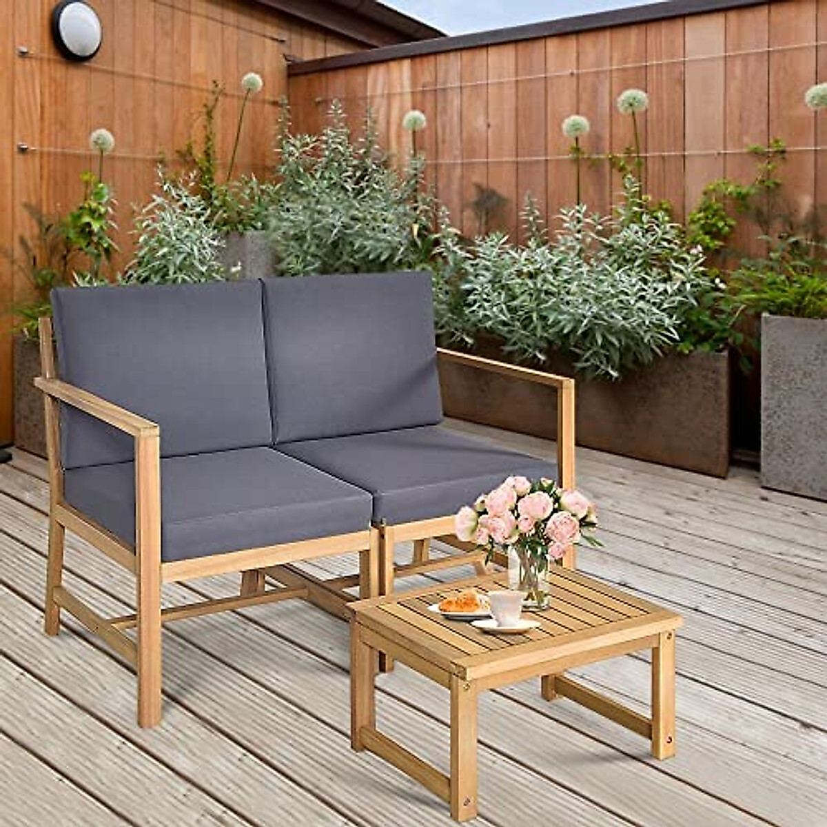 WYKDD 3 PCS Patio Table Chairs Set Solid Wood Thick Cushion Sectional Garden Furniture