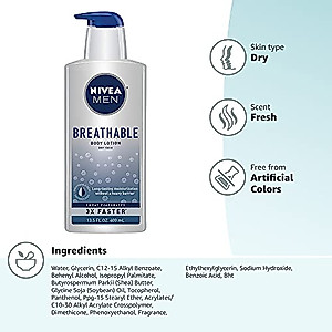NIVEA MEN Breathable Body Lotion, 48-Hour Hydrating Lotion for Men with Breathable Skin Technology, Shea Butter, Vitamin C and Vitamin E, 13.5 Fl Oz Bottle