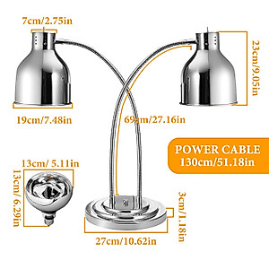 Rcqeuiol Food Heat Lamp Commercial Food Warmer Lamp Adjustable 2-Head Food Warming Light, Food Heating Lamp Warmer, Stainless Steel Food Warming Lamp for Kitchen Cafeteria Restaurant Buffet