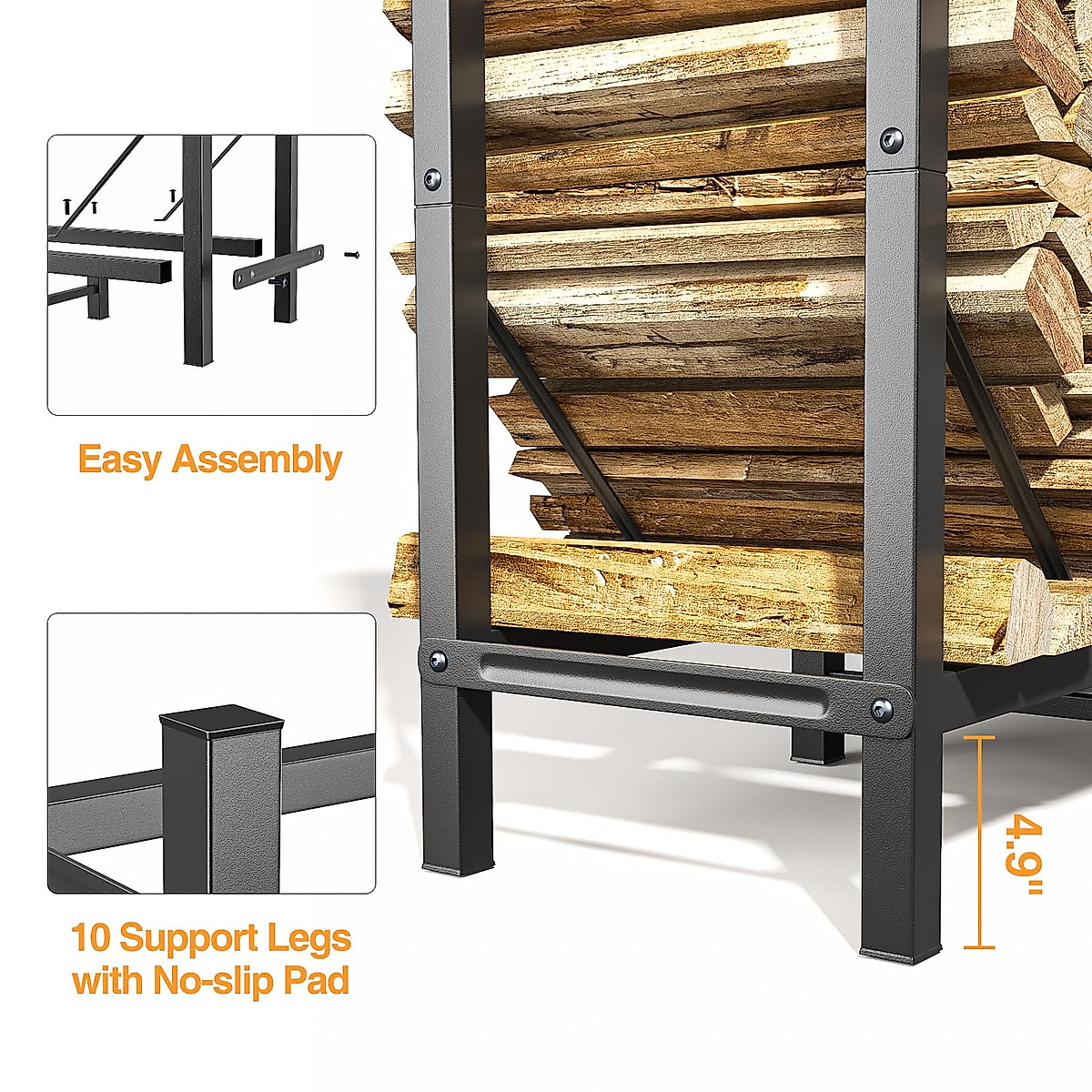 GREENER 8FT Firewood Rack Outdoor Heavy Duty Wood Rack for Firewood Indoor Log Holder for Fireplace, Fire Wood Holder Metal Lumber Storage Carrier Firewood Log Rack Stand Stacker for Patio Porch Black