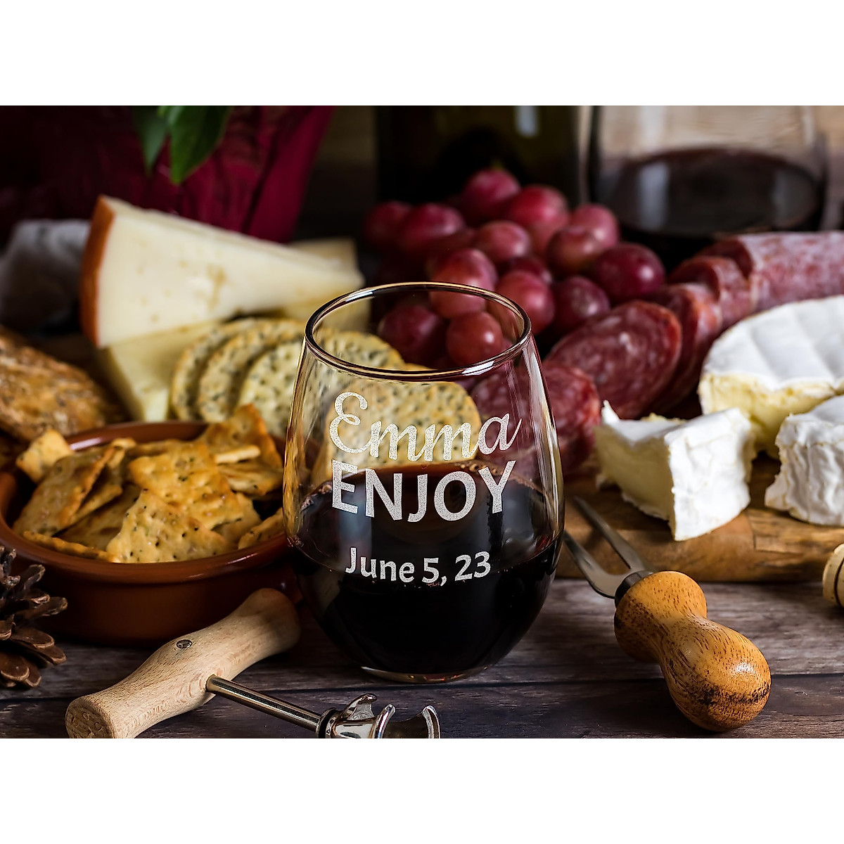 Set of 1, 2, 3, 4 Personalized 15oz Stemless Wine Glass - Engraved with Your Custom Text, Customized Wedding Party Glass Gifts (1)