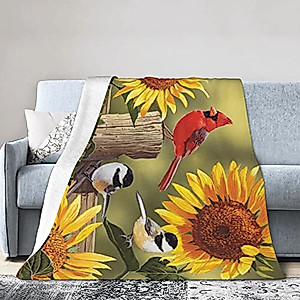 Fiokroo Rustic Sunflowers Floral Cardinal Birds Fleece Blanket Lightweight Cozy Ultra-Soft Throw Blanket Microfiber Blankets All Seasons for Home Bedroom Couch Sofa Travel 50x60 Inch