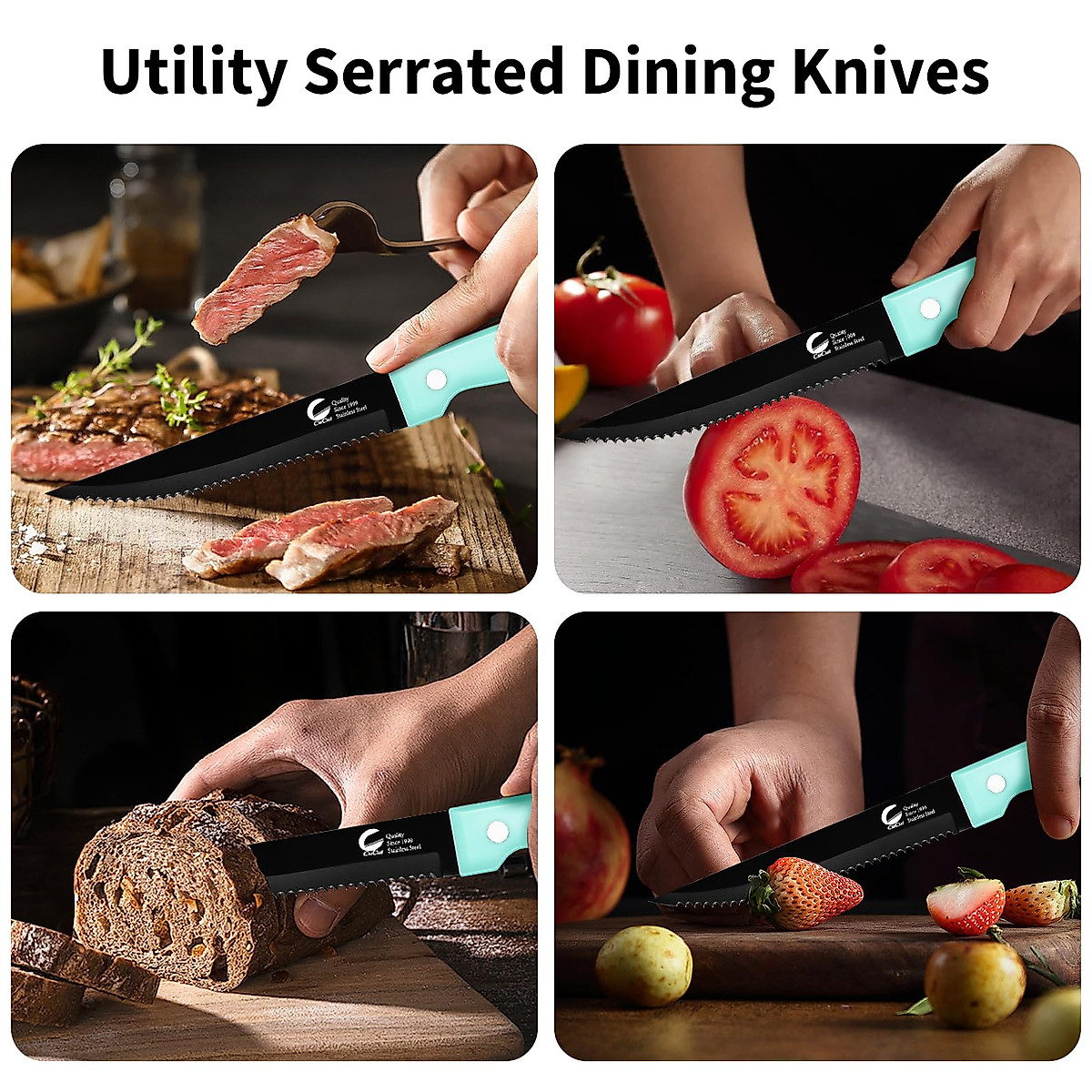 CuCut Steak Knife Set of 8, Triple Rivet Stainless Steel Serrated Dinning Knives, 4.5 Inch Sharp Black Coated Blade, Dishwasher Safe, Meat Knife for Dining Camping BBQ