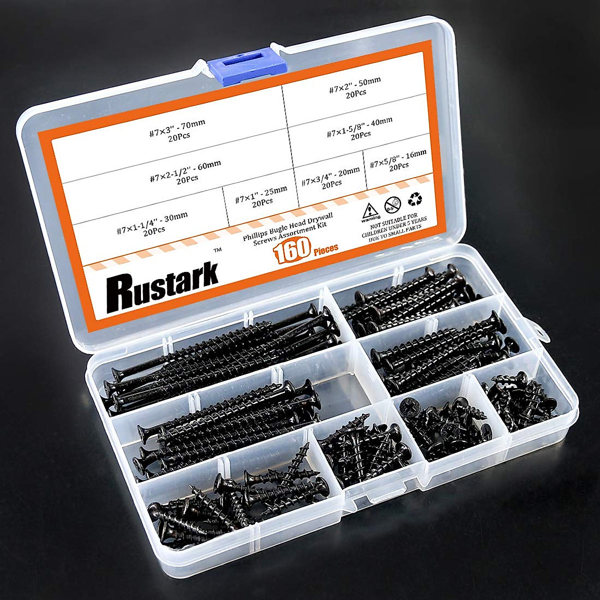 Rustark 160-Pcs #7 Coarse Thread Drywall Screw with Phillips Drive Black Oxide Finsh Bugle Head Wood Screws Assortment Kit Ideal for Drywall Sheetrock