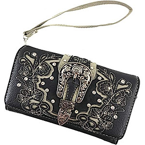 Zelris Western Floral Blossom Buckle Women Conceal Carry Tote Handbag Purse Set (Black)