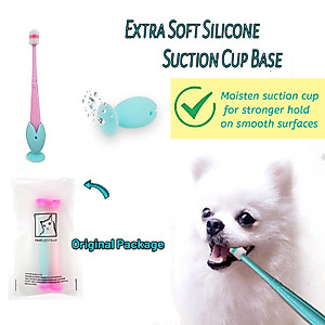 E.M&S.T by Emmeliestella Small Dog & Cat Toothbrush 360 Degree Soft Silicone, Cat Dental Care, Toothbrush Holder, Easy to Handle, Independent Packaging, Extra Suction Cup, Light Blue&Light Pink 3PCS