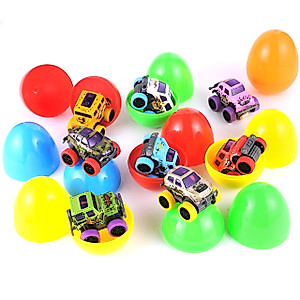 JOYIN 12 Pcs Easter Eggs Filled with Pull Back Monster Cars, Easter Egg Prefilled with Trucks for Kids ​Easter Egg Hunt, Basket Stuffers Filler and Classroom Prize Supplies