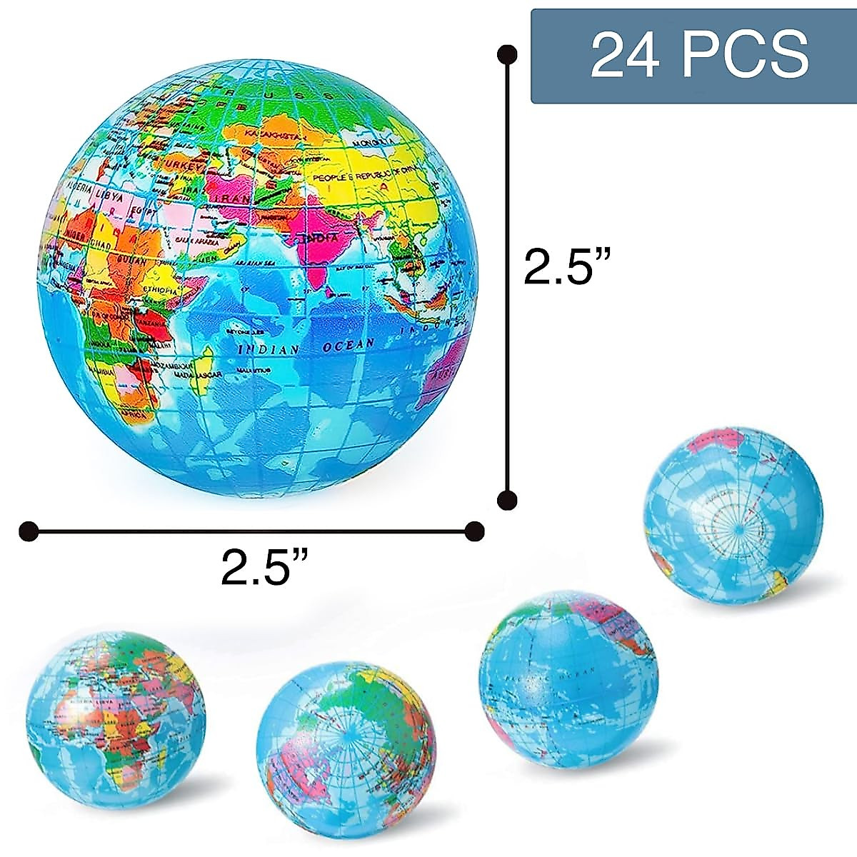24 Pack - Globe Mini Soft Foam Earth Squeeze Balls, 2.5" Squeezable World Toy Stress Relief Bulk Educational Novelties for Kids, School, Classroom, Party Favors, Rewards