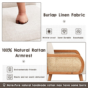 Andeworld Accent Chair with Rattan Arms,Upholstered Mid Century Modern Living Room Armchair, Side Club chair with Burlap Linen Fabric for Living Room Bedroom Balcony, Beige