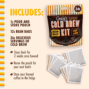 Grady's Cold Brew Coffee | Original | New orleans Style Cold brew Concentrate | Pour & Store Kit with 12 Bean Bags + 1 Pour & Store Pouch | 36 Servings