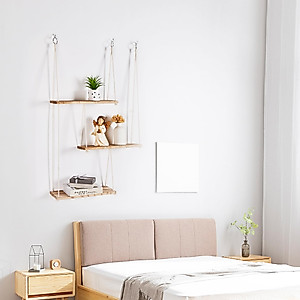 LUNKOEN Lunkeon 3 Tier Macrame Wall Hanging Shelves Boho Room Decor Handmade Cotton Rope,Wooden Hanging Storage Floating Shelves for Small Plants Books Decor,Living Bedroom Room Bedroom