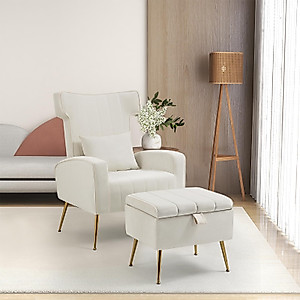 X-VOLSPORT Wingback Accent Chair and Storage Ottoman Set for Living Room Bedroom, Modern Upholstered Velvet Armchair with Footrest & Gold Metal Legs, White, Pillow Included