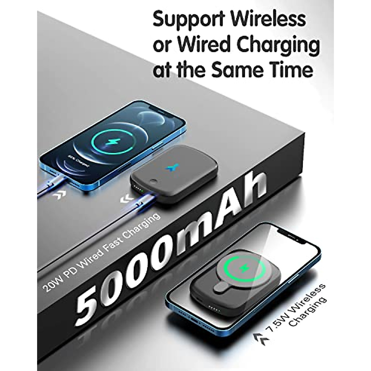 YaNovate Magnetic Power Bank, 5000mAh Magnetic Wireless Power Bank Portable Charger, PD 20W External Battery Pack Compatible with iPhone 12/13 Pro/12 Pro Max/12Mini - Black