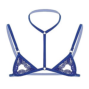 Men's Floral Hollow Out Strappy Bra Sissy Lace See Through Sheer Bralette Adjustable Straps Bikini Lingerie Top (Blue,Large)
