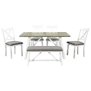 6 Piece Dining Table Set, Wood Dining Dinette Table and 4 Chairs with 1 Bench with Cushion, Rustic Style Kitchen Table Set for 6 Persons, White with Gray