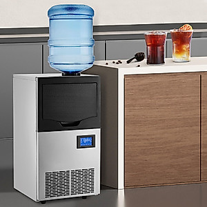 Commercial Ice Maker Machine, 140Lbs/24H with 2 Water Inlet Modes and 22Lbs Bin, Stainless Steel Under Counter/Freestanding Ice Machine for Home/Shop/Office/Bar,110V