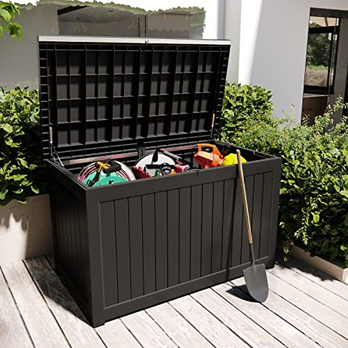 Greesum 230 Gallon Resin Deck Box Large Outdoor Storage for Patio Furniture, Garden Tools, Pool Supplies, Weatherproof and UV Resistant, Lockable, Dark Black