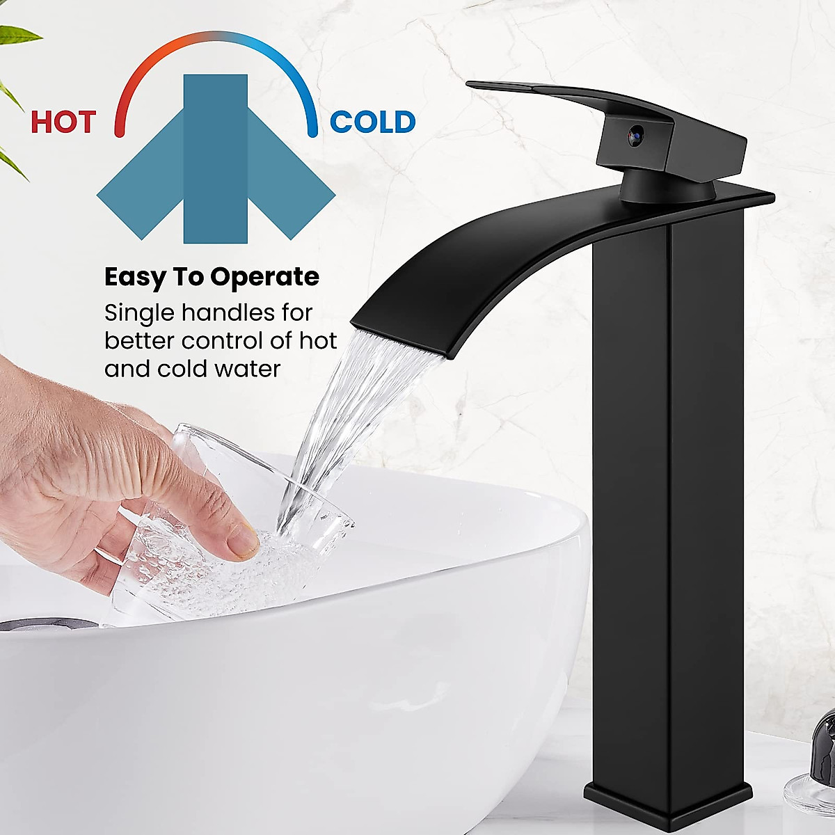 gotonovo Waterfall Tall Bathroom Faucet Single Handle Bathroom Faucets for Sink 1 Hole Stainless Steel Vessel Sink Faucet Modern Mixer Tap Wash Basin Faucet Without Pop Up Drain, Matte Black