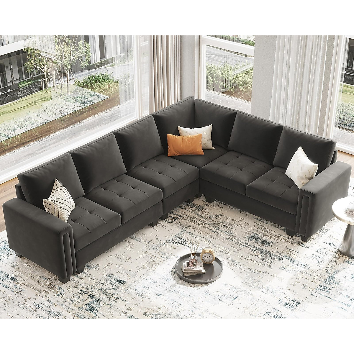Belffin Grey Velvet L-Shape Sectional Sofa with Reversible Chaise, 107.8'L x 84.2'W x 35.8'H, Modular, Modern, Sofa Couch for Living Room, 5 Seater, Easy Assembly