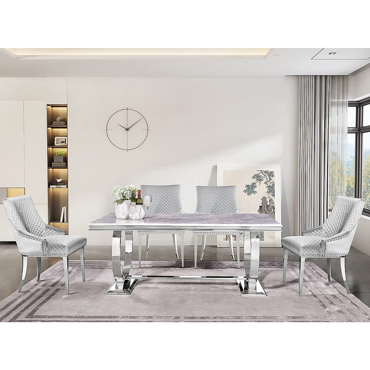 Anewsun 5 Pieces Dining Table Set for 4, Modern Kitchen and Dining Room Sets for 4 with Silver Metal Circle Base Dining Table and Silver Gray Velvet Upholstered Dining Chairs