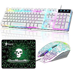 KUIYING Gaming Keyboard and Mouse Combo,RGB Rainbow Backlit Keyboard with PC Wired Keyboard+2400DPI 6 Buttons Rainbow LED Gaming Mouse+Mouse Pads for PC PS4 (White), 20.9 x 6.1 x 2.1