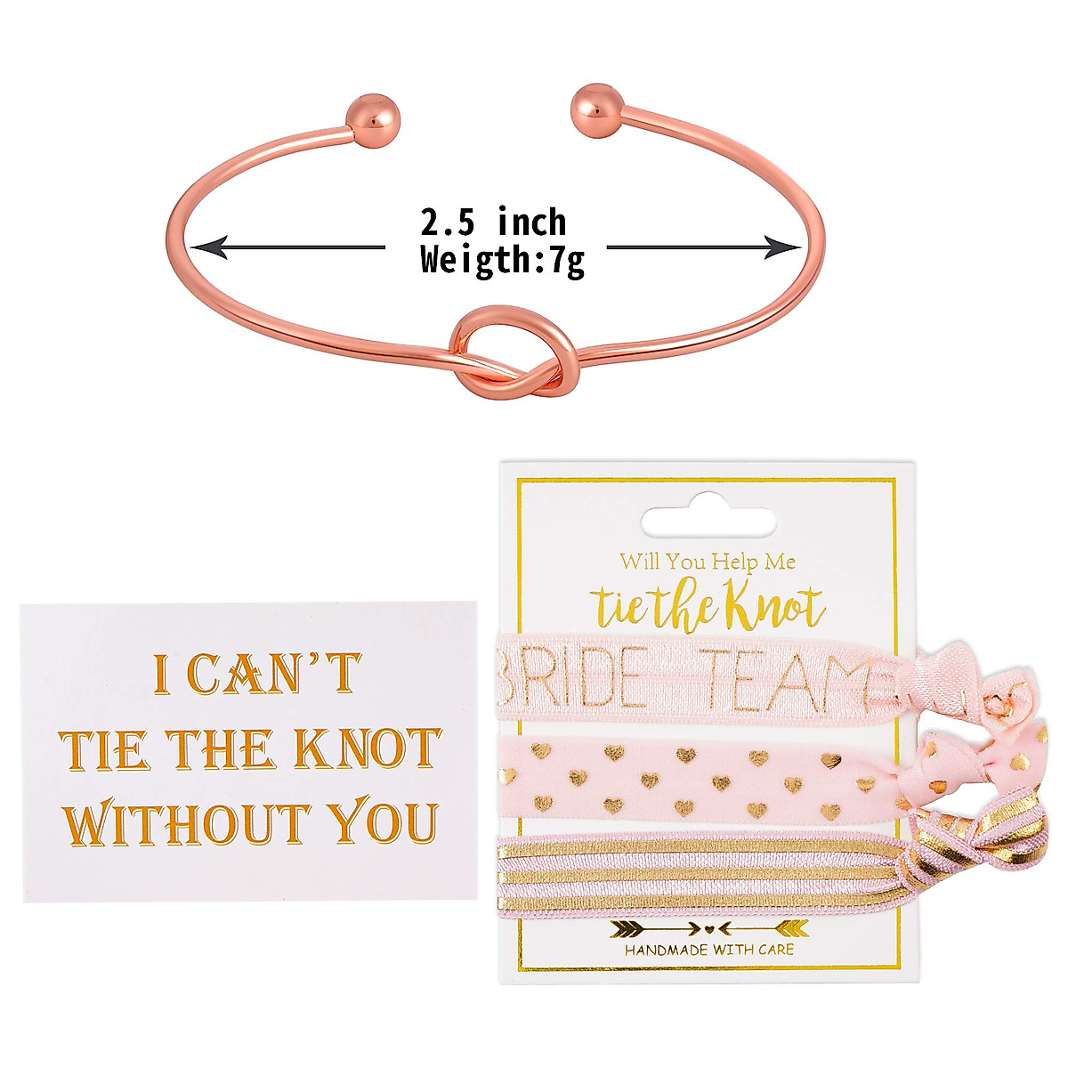 36pcs Bridesmaids Proposal Gift Set 6 Bridesmaid Proposal Boxes,6 Love Knot Bracelet with 6 I Can't Tie The Knot Card and 18 No Crease Hair Ties