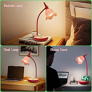 tekstap Desk Lamp Cute, Pink Lamp with Gooseneck, 2000mAh 3 Modes Dimmable Flower Desk Lamp, Rechargeable Eye-Caring LED Aesthetic Desk Lamp for Kids, Bedroom, Reading, Gift
