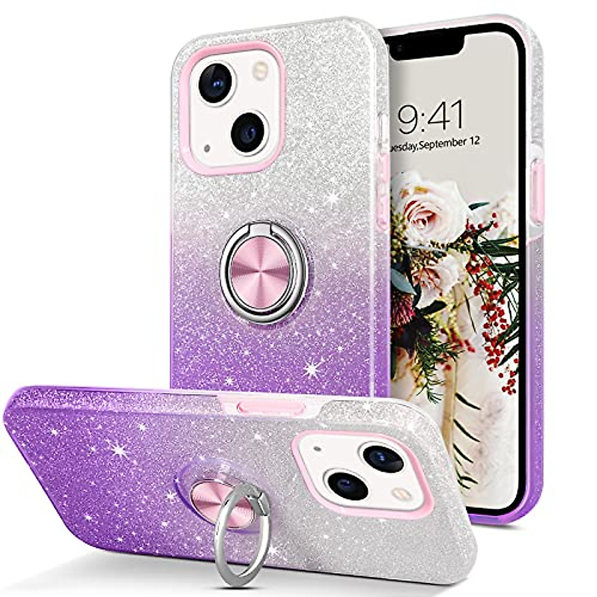 GUAGUA Compatible with iPhone 13 Mini Case 5.4 Inch Glitter Sparkle Bling Cute Cover for Girls Women with Pink Ring Holder Kickstand Shockproof Protective Case for iPhone 13 Mini Gradient Purple
