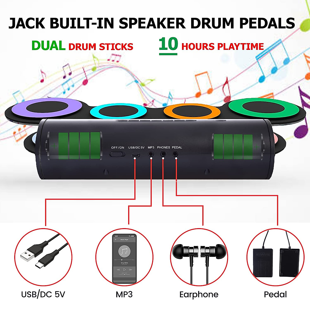 Oirtmiu Portable Electronic Drum Set Roll-Up Drum Practice 7 Pads Drum Kit Built-in Speaker with Headphones Drum Pedals Drum Sticks 10 Hours Playtime, Great Holiday Birthday Gift for Kids(Rainbow)