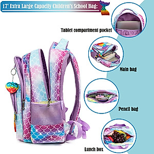 Egchescebo Girls Mermaid Toy backpack School Bookbag for Girls Kids Bling Elementary Backpacks 17" 3PCS Toddler with Lunch Box Girls Bookbag Unicorn Bags Blue