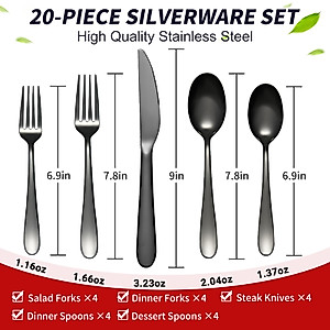 Xingjiake 20 Piece Black Silverware Set, Kitchen Utensils Set, Silverware Cutlery Flatware Set For 4, Stainless Steel Forks And Spoons Cooking Flatware Serving Set, Dishwasher Safe