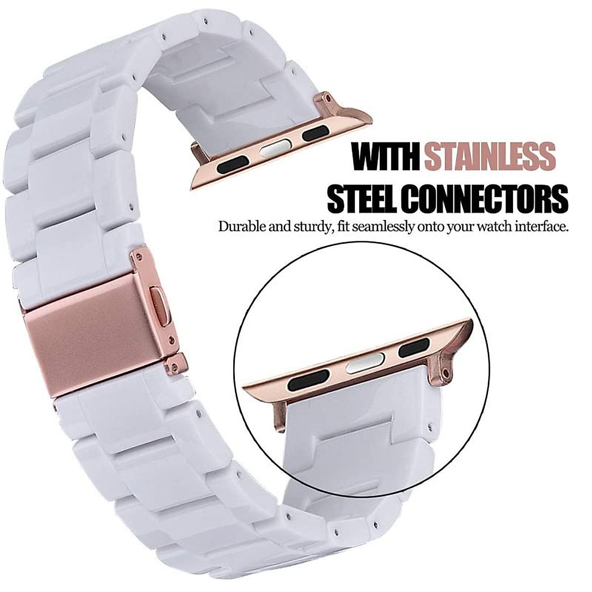 V-MORO Resin Band Compatible with Apple Watch Bands Series 8/7 41mm 40mm 38mm iWatch 6/5/4/3/2/1/SE with Stainless Steel Buckle Replacement Wristband Strap Women Men(White-tone, 38mm/40mm/41mm)