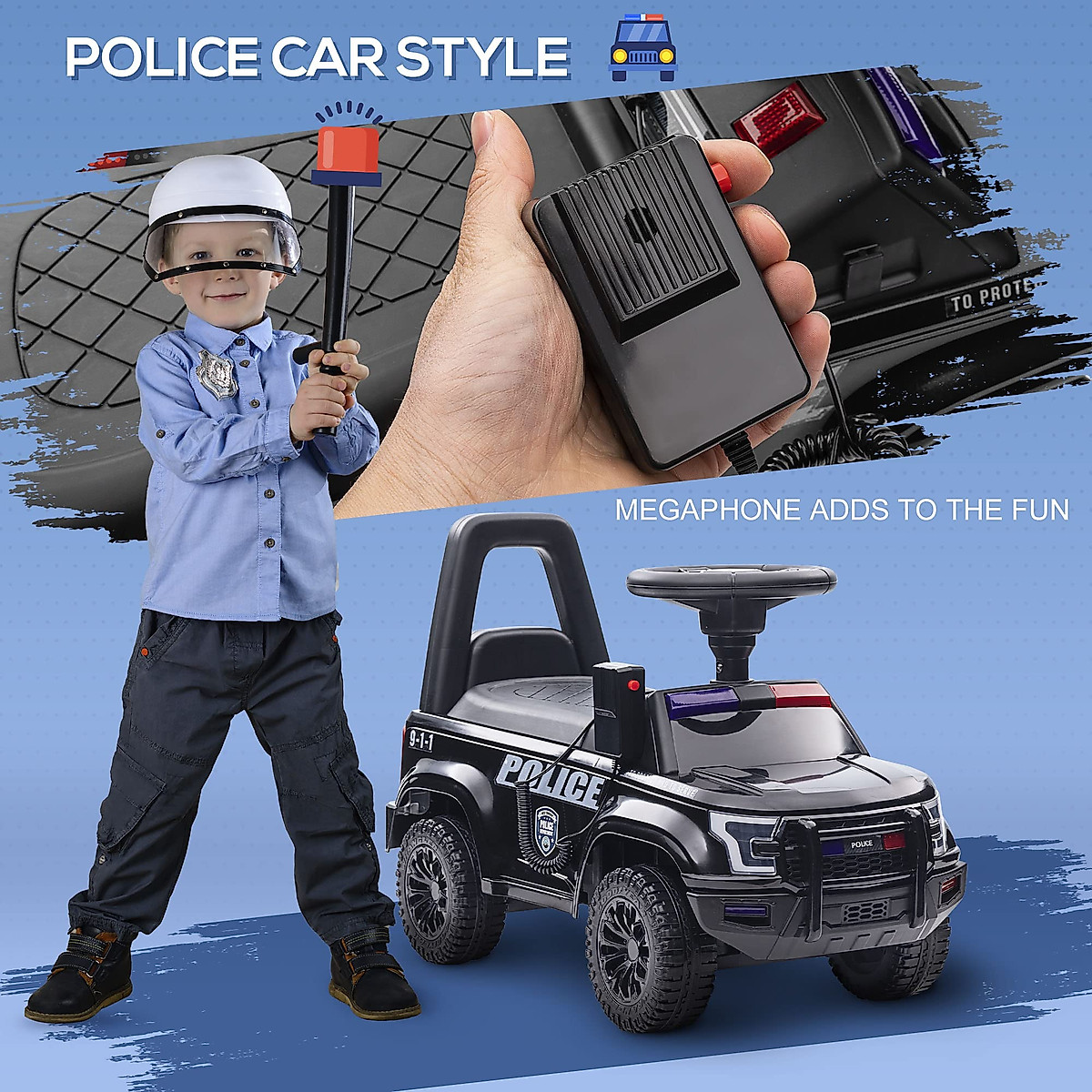 Aosom Kids Push Ride On Car with Working PA System and Horn, Police Truck Style Foot-to-Floor Sliding Car for Boys and Girls with Under-Seat Storage, for 18 Months to 5 Years Old, Black